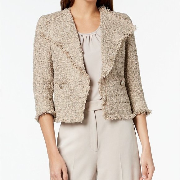 Anne Klein | Jackets & Coats | Anne Klein Women Frayed Tweed Jacket Oyster Shell Taupe | Poshmark